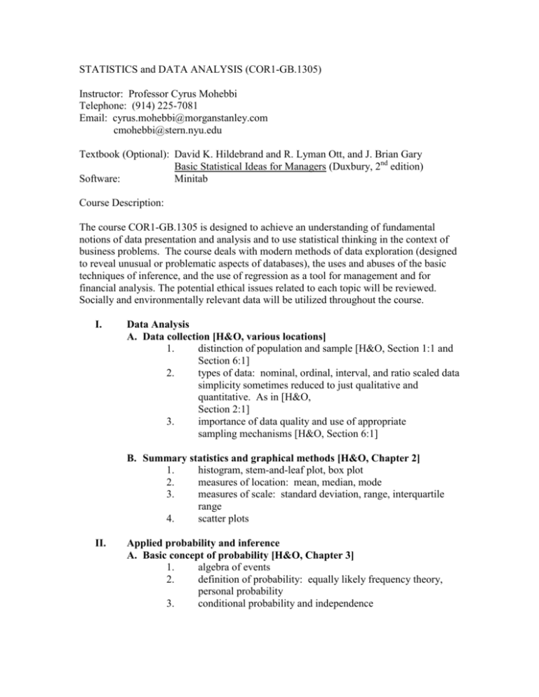 Statistics Data Analysis Course Syllabus NYU Stern Statistics Data Analysis Course Syllabus NYU Stern