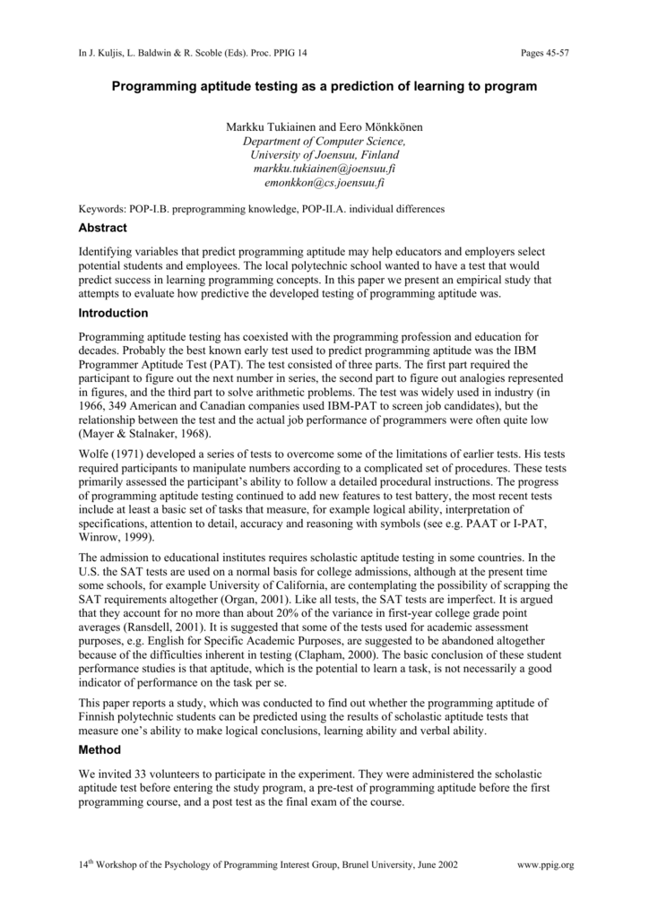 Programming aptitude testing as a prediction of