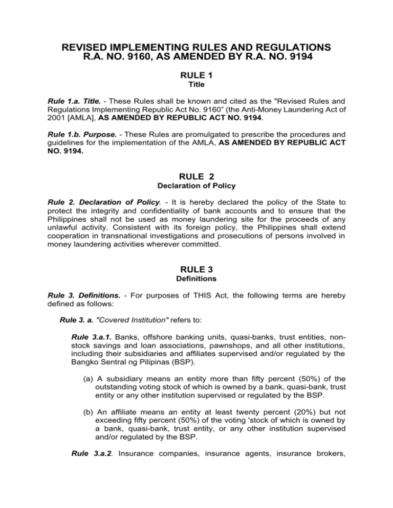 Implementing Rules And Regulations IRR Implementing Rules And Regulations IRR