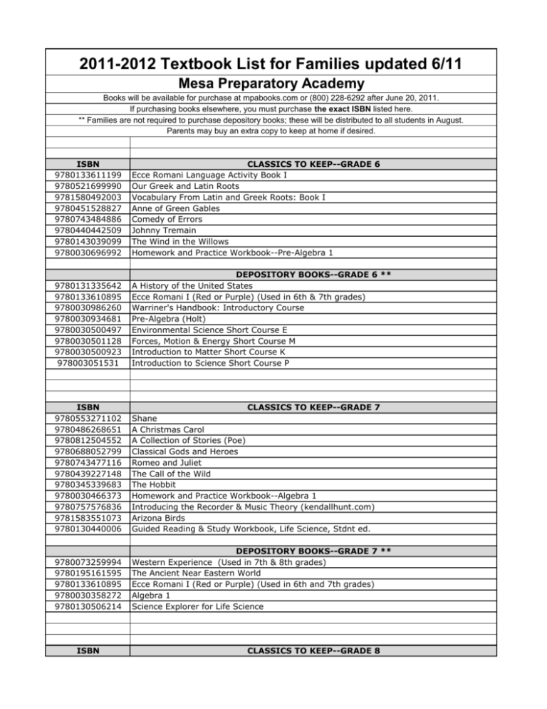 2011 2012 Textbook List For Families Updated 6 11