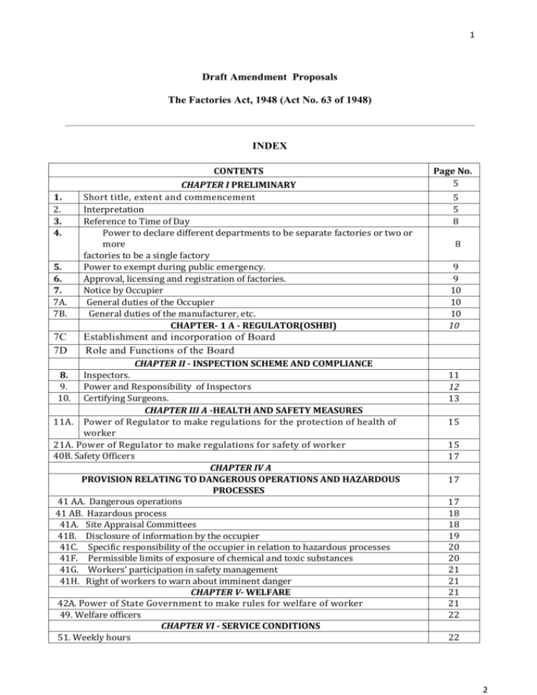 The Factories Act 1948 Draft Amendment Proposals The Factories Act 1948 Draft Amendment Proposals