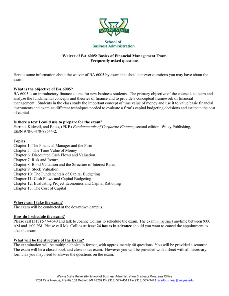 Waiver Of BA 6005 Basics Of Financial Management Exam