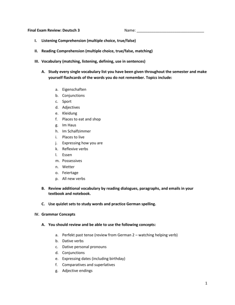 Deutsch 3 Exam Review 2014 2015