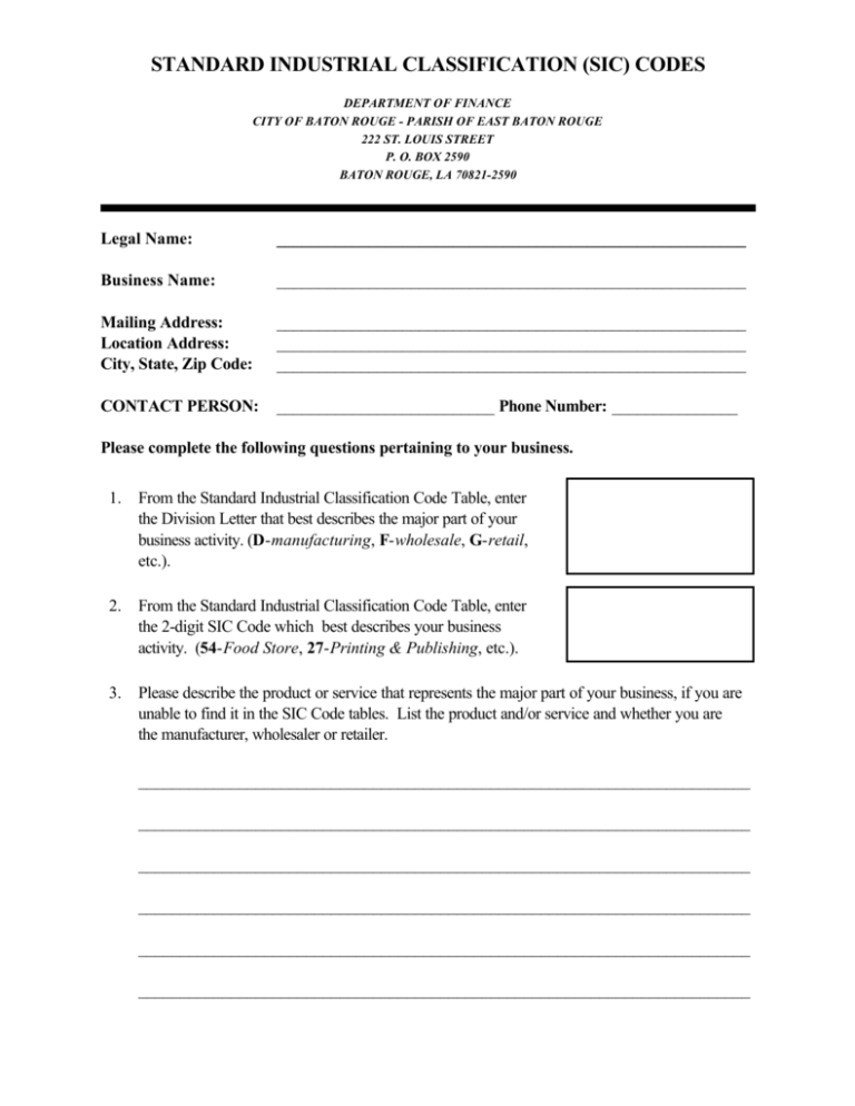 Standard Industrial Classification SIC Codes Standard Industrial Classification SIC Codes