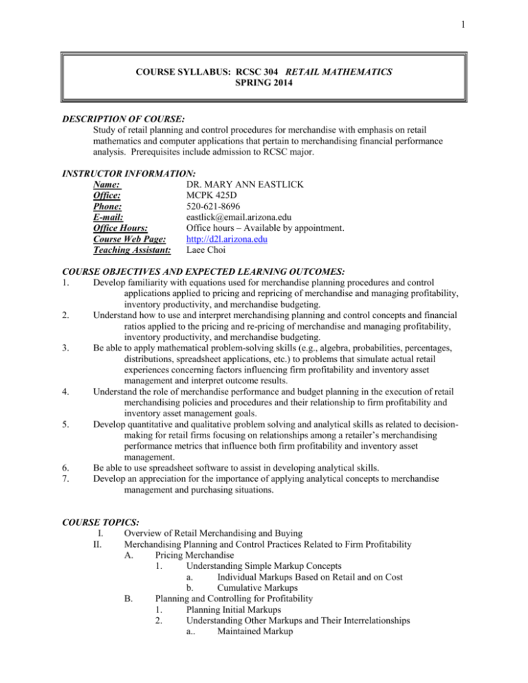 COURSE SYLLABUS RCSC 304 RETAIL MATHEMATICS SPRING course-syllabus-rcsc-304-retail-mathematics-spring