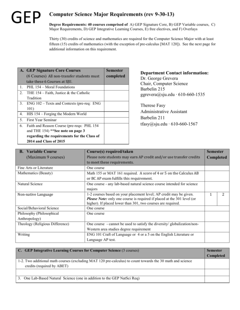 GEP Computer Science Major Requirements rev 9 30 13 GEP Computer Science Major Requirements rev 9 30 13