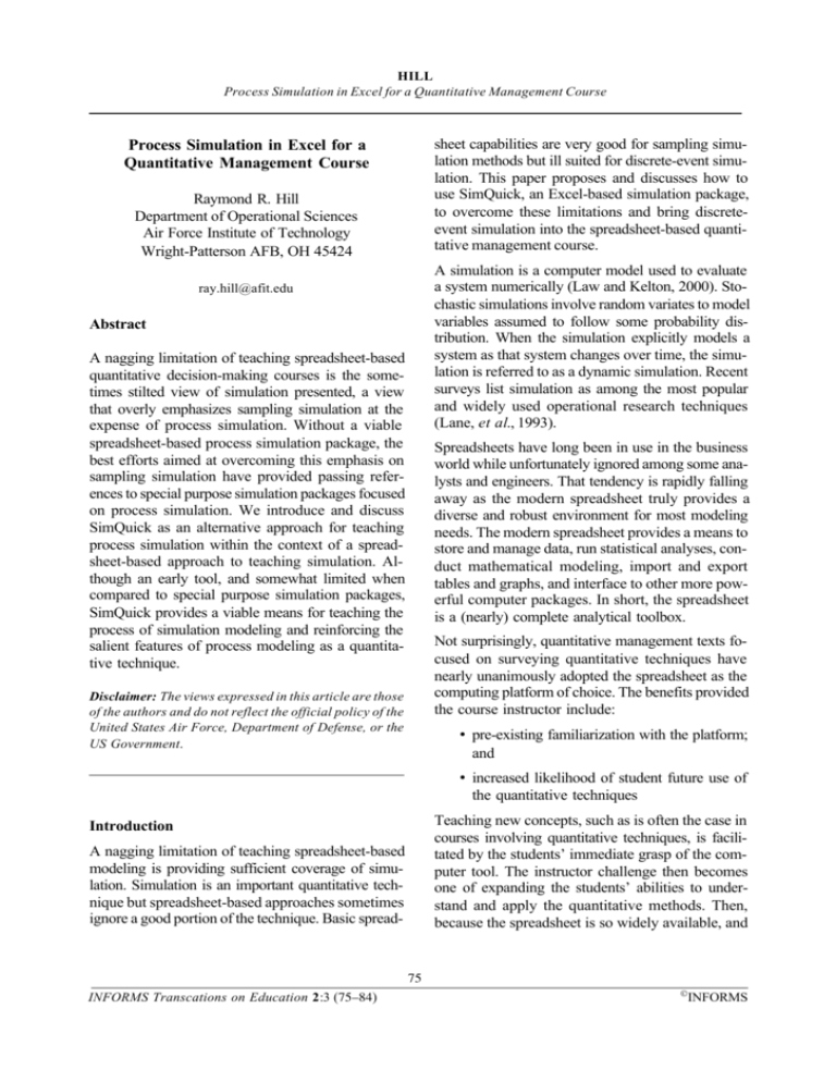 Process Simulation in Excel for a Quantitative Management Course