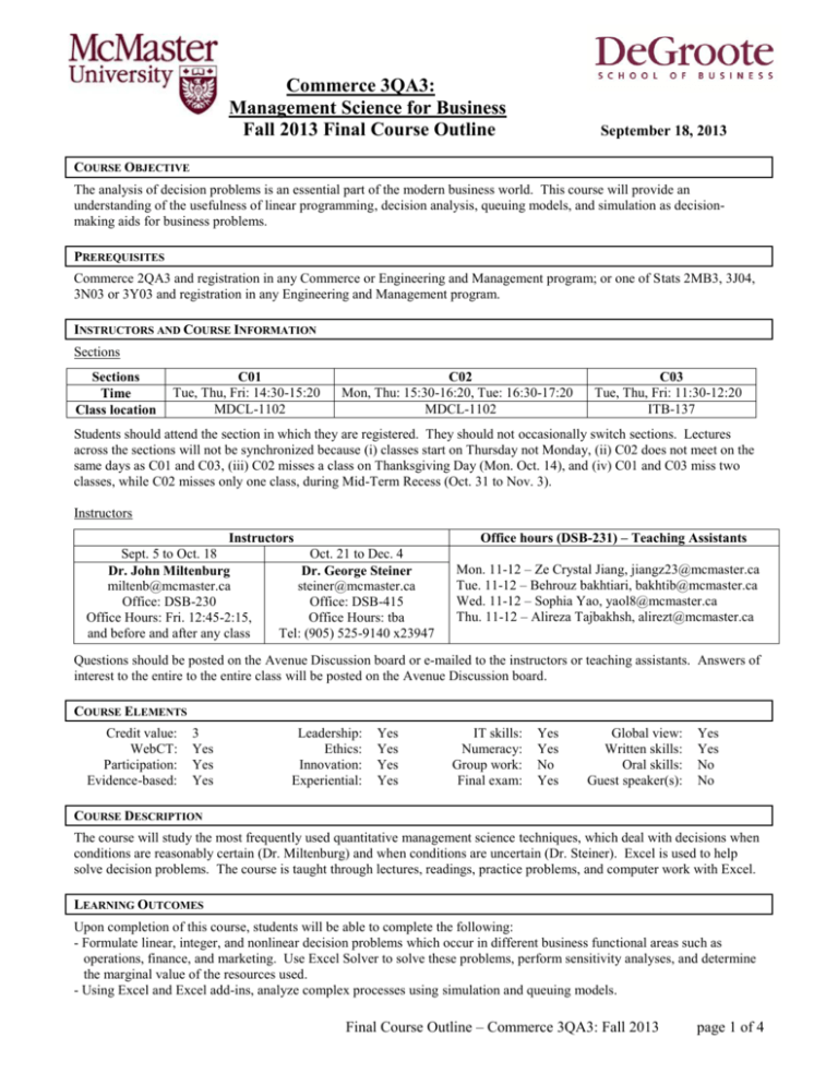 Commerce 3QA3: Management Science Course Outline - Fall 2013
