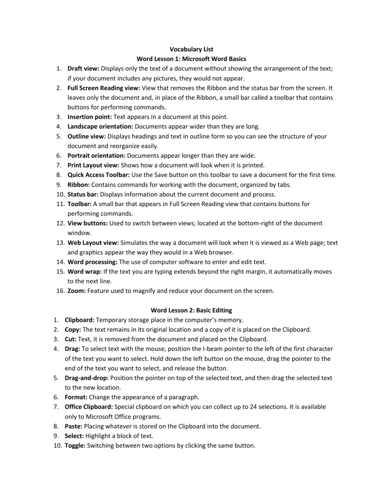 Vocabulary List Word Lesson 1 Microsoft Word Basics 1 Draft View