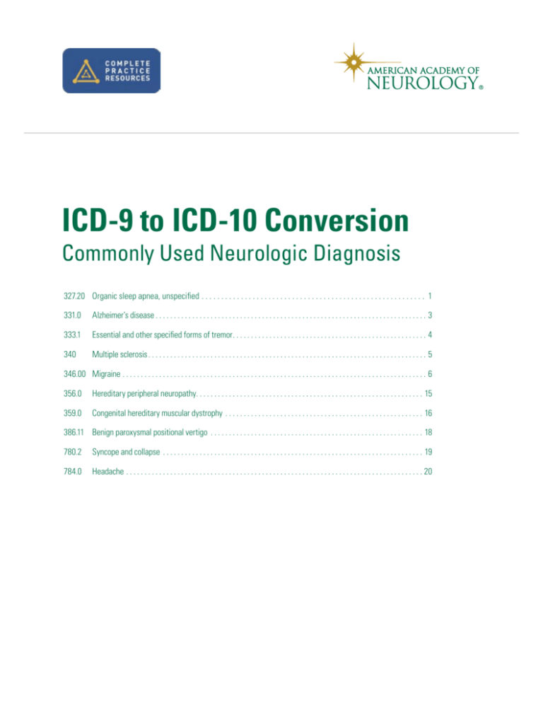 ICD 9 To ICD 10 Conversion American Academy Of Neurology ICD 9 To ICD 10 Conversion American Academy Of Neurology