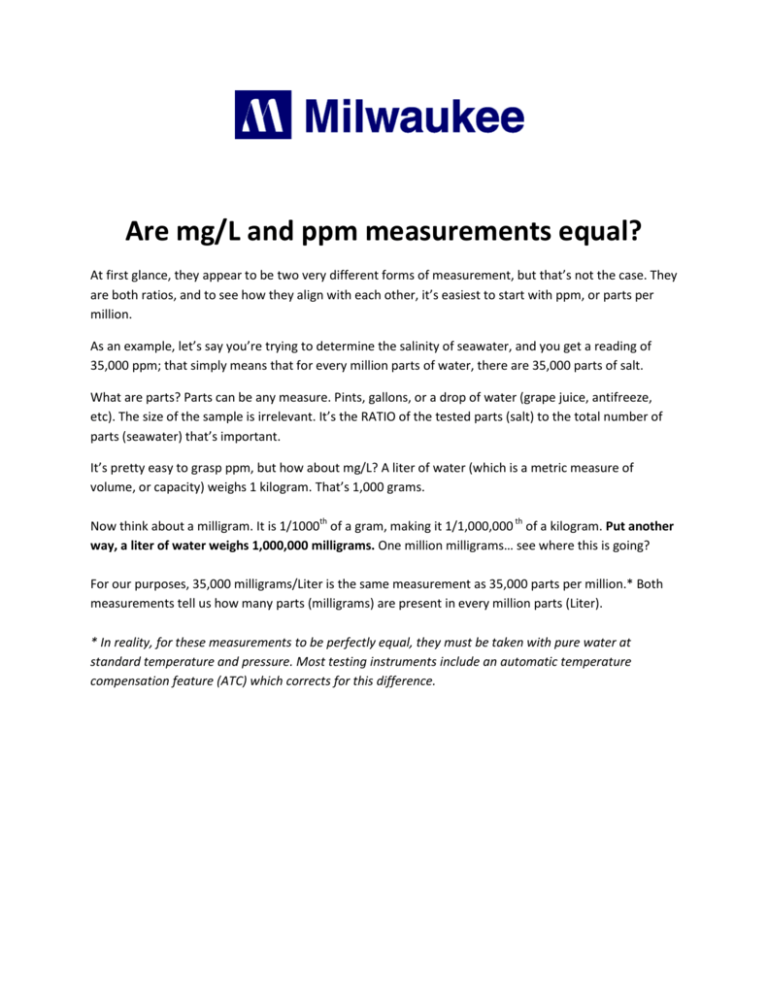 Are Mg L And Ppm Measurements Equal Are Mg L And Ppm Measurements Equal