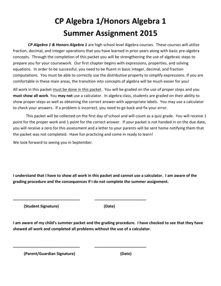 CP Algebra 1 Honors Algebra 1 Summer Assignment 2015