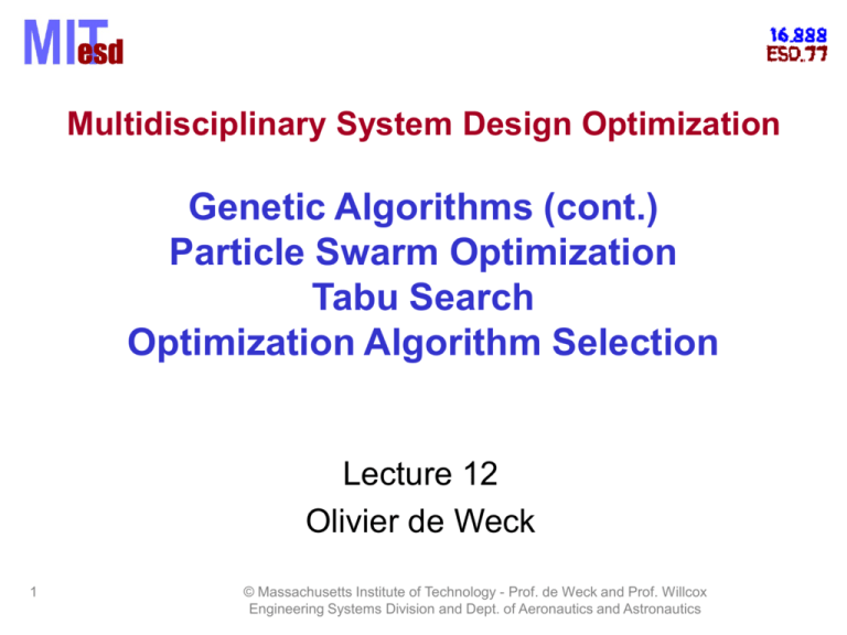 Genetic Algorithms Cont Particle Swarm Optimization Tabu Search