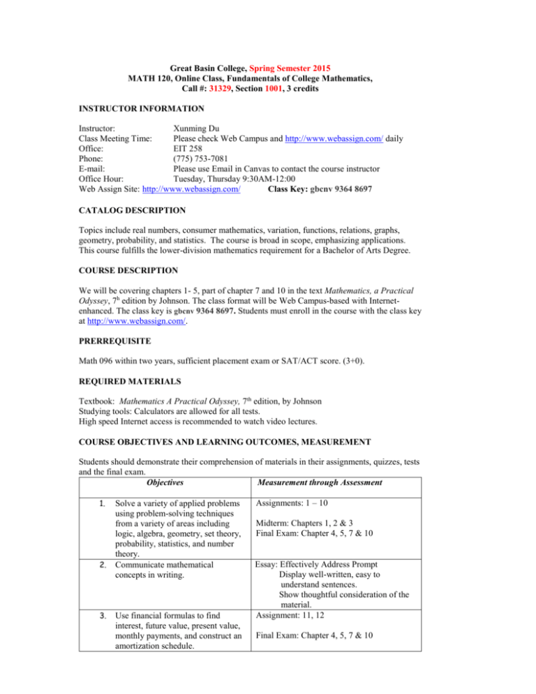 MATH 120 1001 Great Basin College