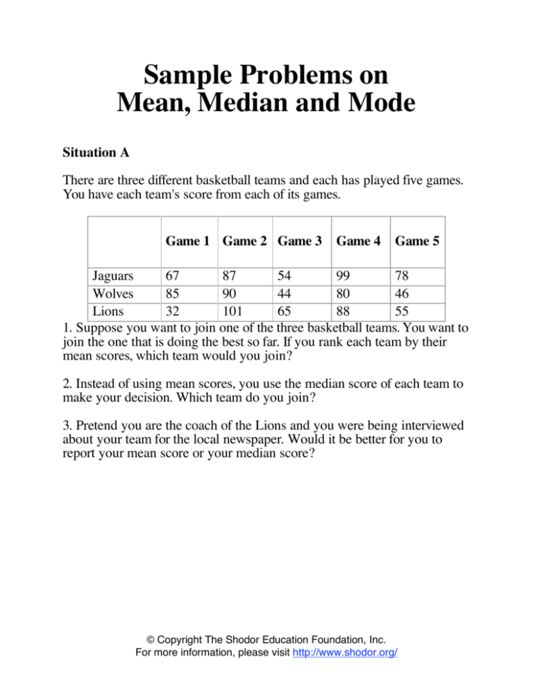 Sample Problems On Mean Median And Mode Sample Problems On Mean Median And Mode
