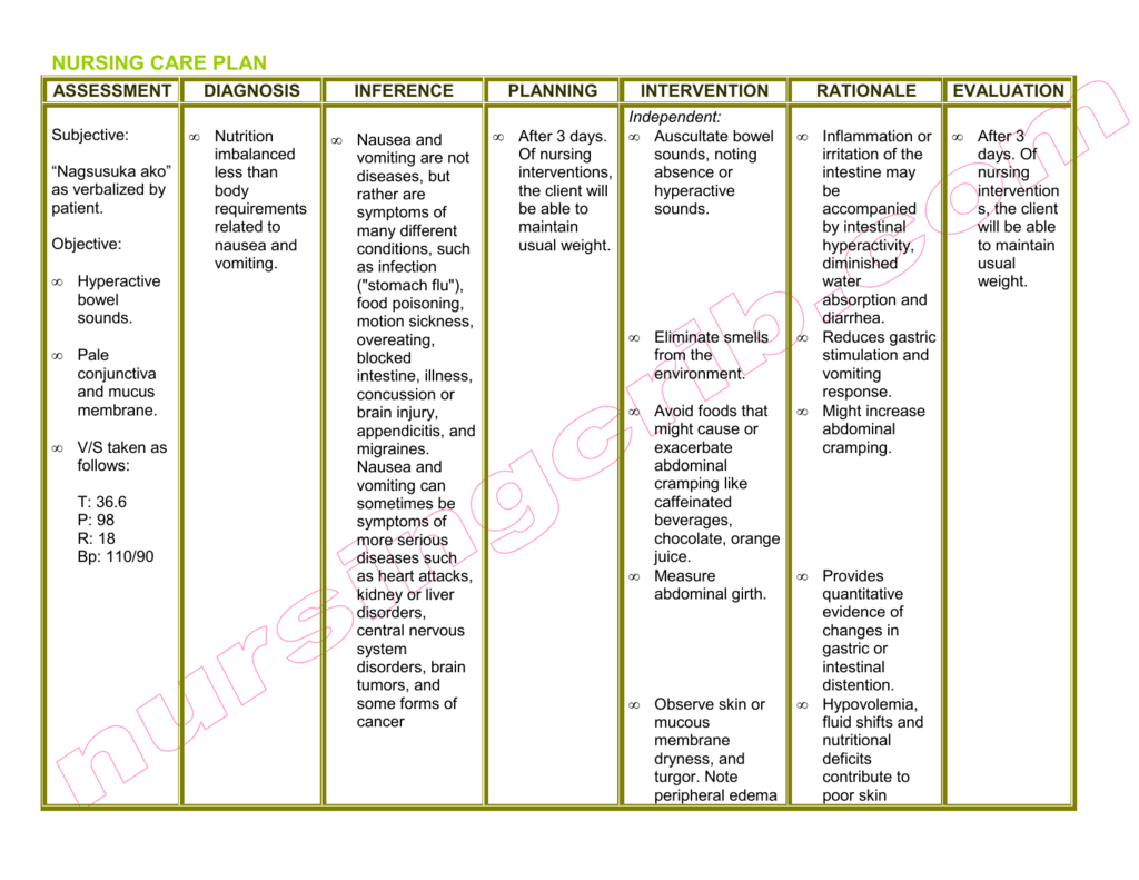 NURSING CARE PLAN Nausea And Vomiting
