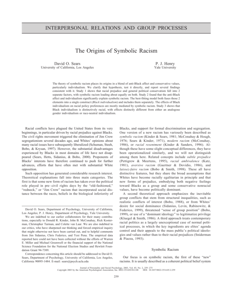 The Origins of Symbolic Racism