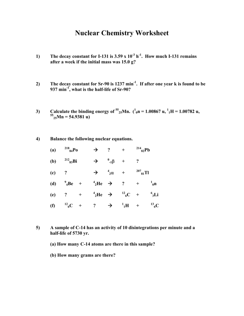 Nuclear Chemistry Worksheet Nuclear Chemistry Worksheet