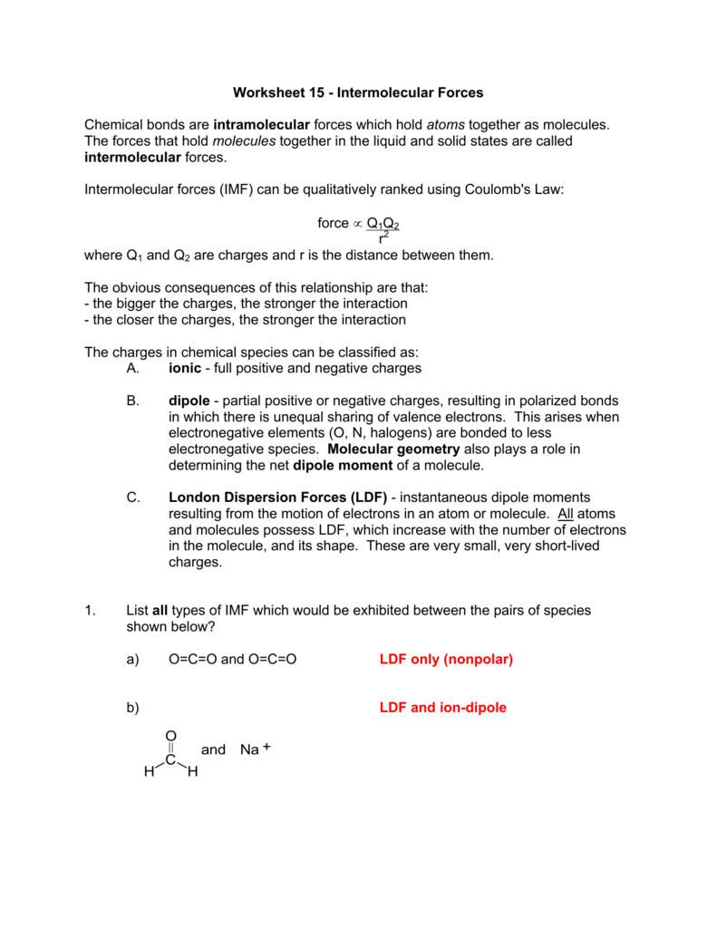 Worksheet 15 Intermolecular Forces Chemical Bonds Are Worksheet 15 Intermolecular Forces Chemical Bonds Are