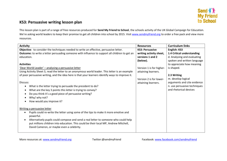 KS3 Persuasive Writing Lesson Plan KS3 Persuasive Writing Lesson Plan