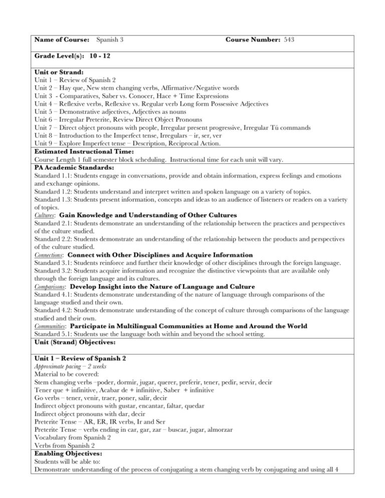 Unit 1 Review Of Spanish 2 Unit 2