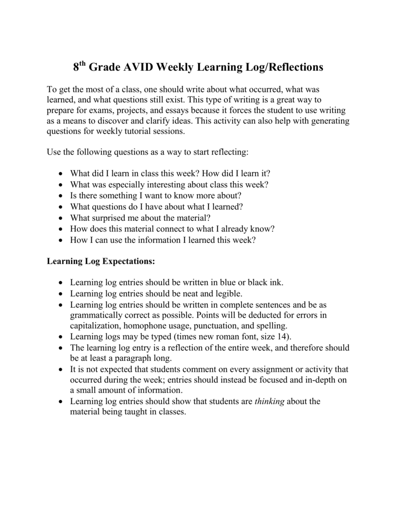 7th Grade AVID Weekly Learning Log Reflections