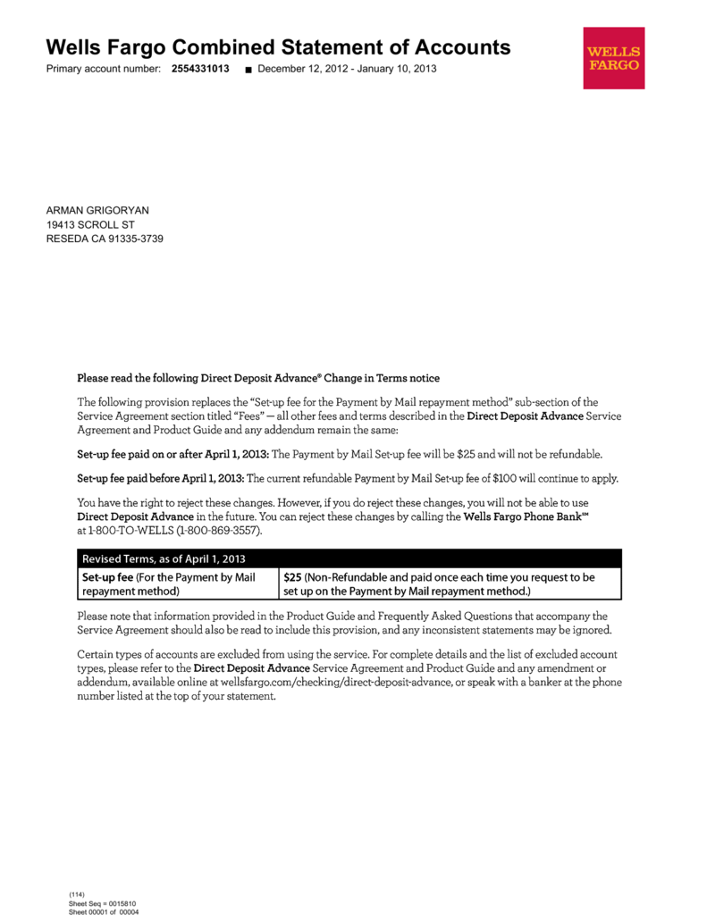 Wells Fargo Combined Statement Of Accounts
