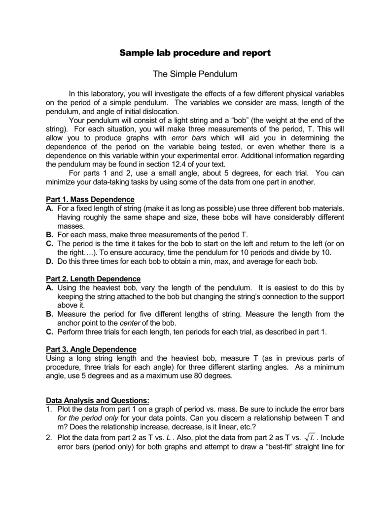 Sample Lab Procedure And Report The Simple Pendulum