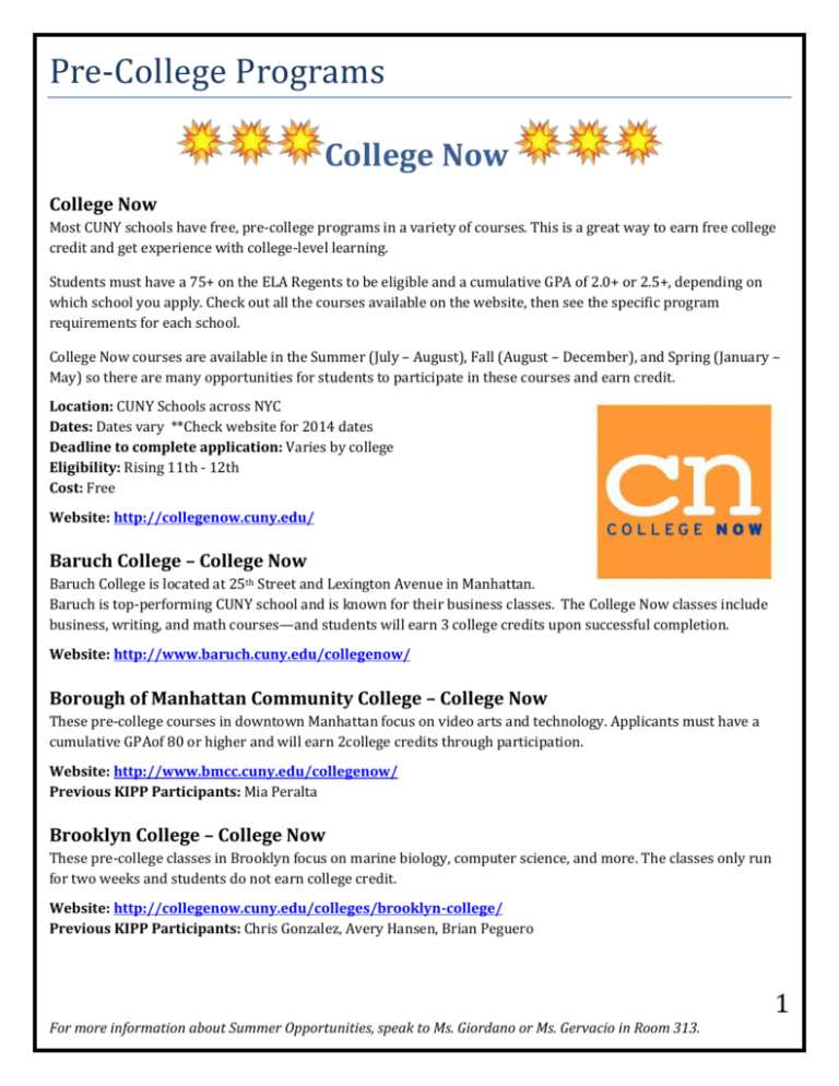 Pre College Programs Pre College Programs