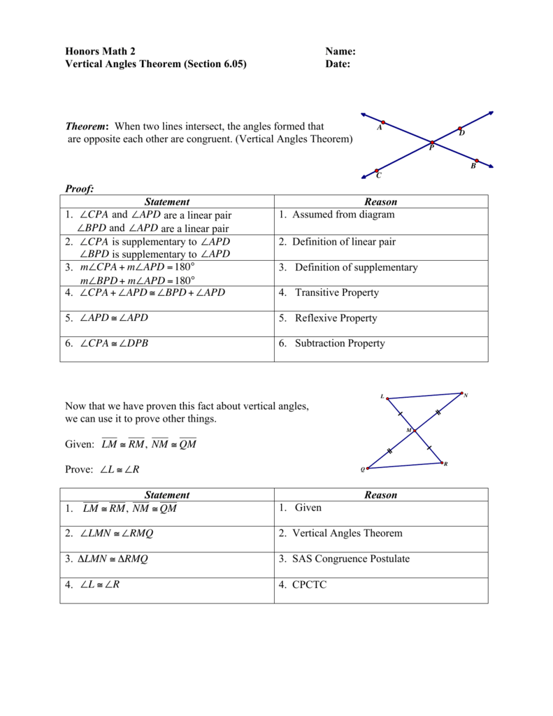 Honors Math 2 Name Vertical Angles Theorem Section 6 05 Date Honors Math 2 Name Vertical Angles Theorem Section 6 05 Date