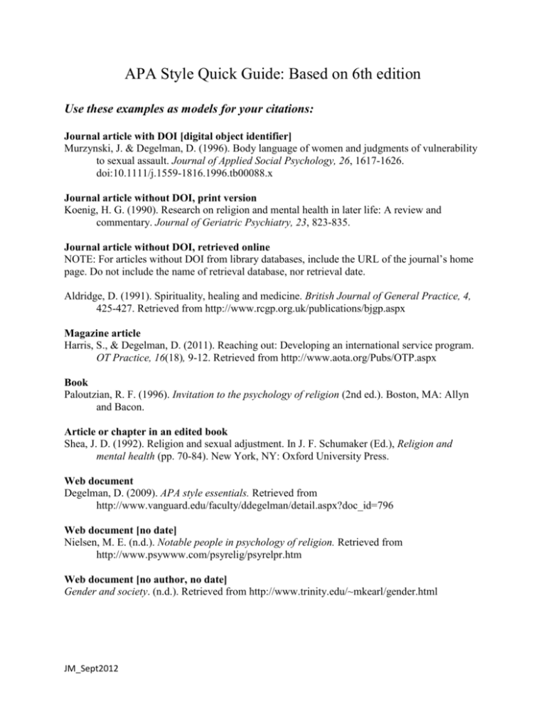 APA Style Quick Guide Based On 6th Edition