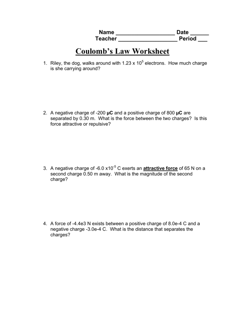 Coulomb s Law Worksheet Coulomb s Law Worksheet