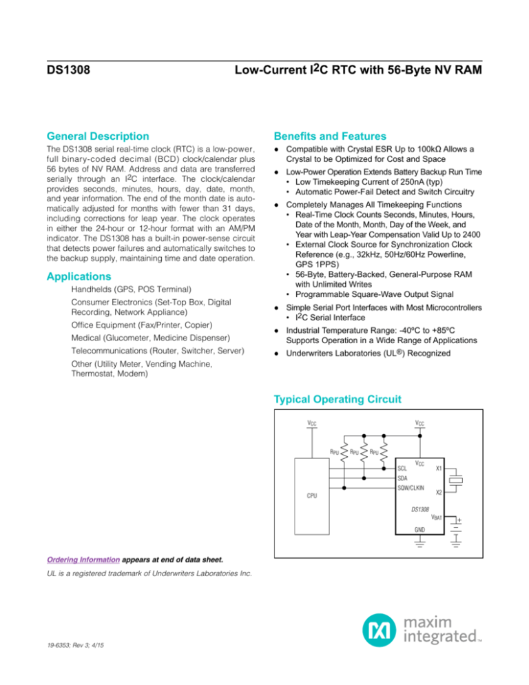 DS1308 Low-Current I2C RTC with 56