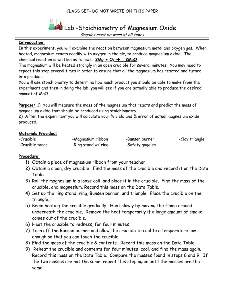 Stoichiometry Of Magnesium Oxide Lab Stoichiometry Of Magnesium Oxide Lab