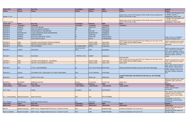 MUS Middle School Supply List Textbooks List