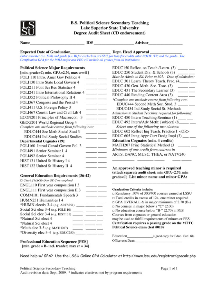 Political Science Secondary Teaching Major Political Science Secondary Teaching Major