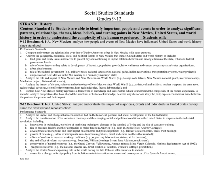 Social Studies Standards Grades 9 12