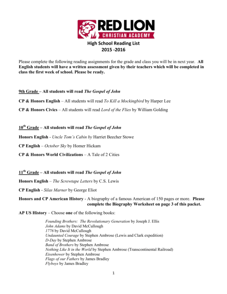 High School Reading List 2015 2016