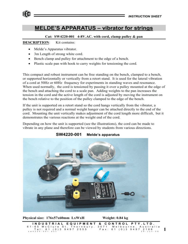 Melde's Apparatus: Instruction Sheet for String Vibrator