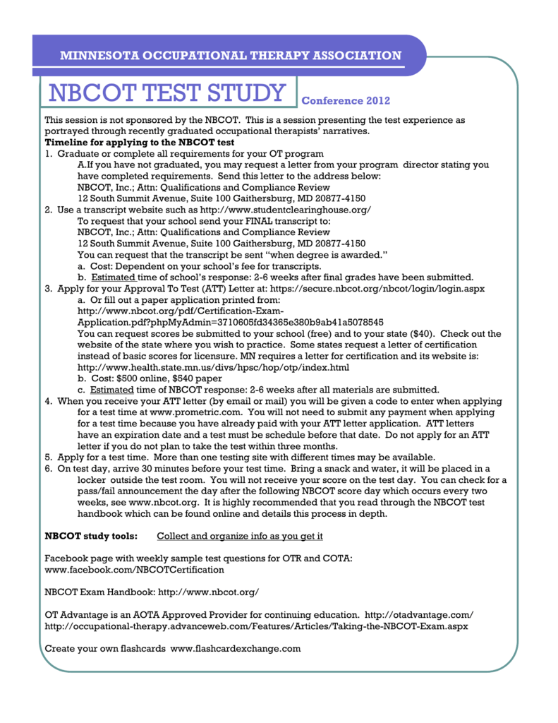 Nbcot Test Study Minnesota Occupational Therapy Association