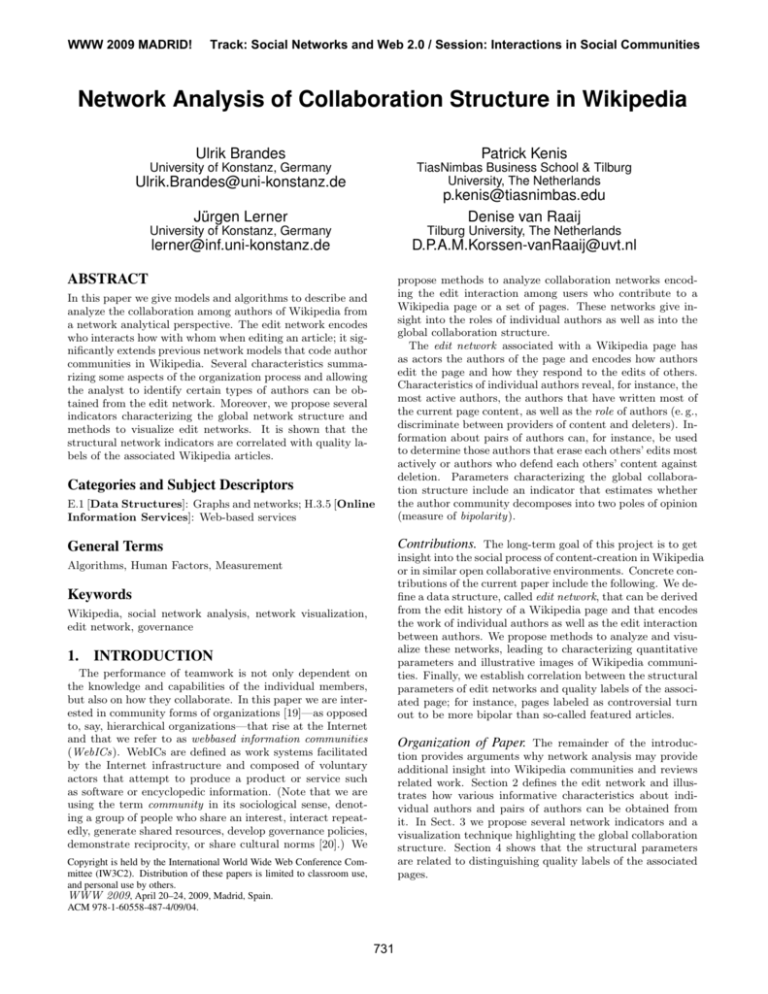 Network Analysis of Collaboration Structure in Wikipedia