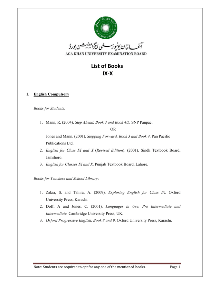List Of Books IX X Examination Board