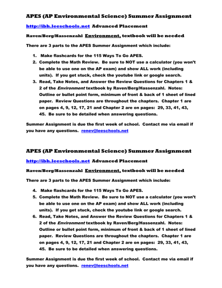  AP Environmental Science Summer Assignment