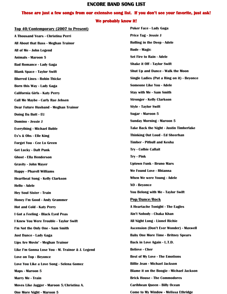 ENCORE BAND SONG LIST ENCORE BAND SONG LIST
