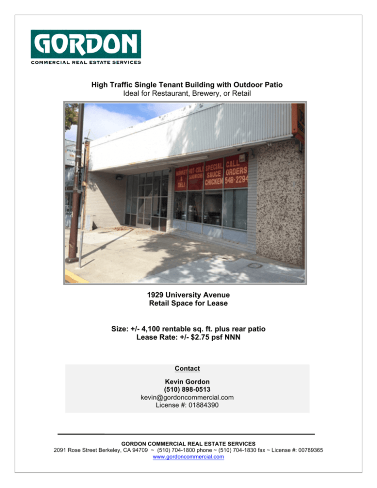 High Traffic Single Tenant Building with Outdoor Patio Ideal for