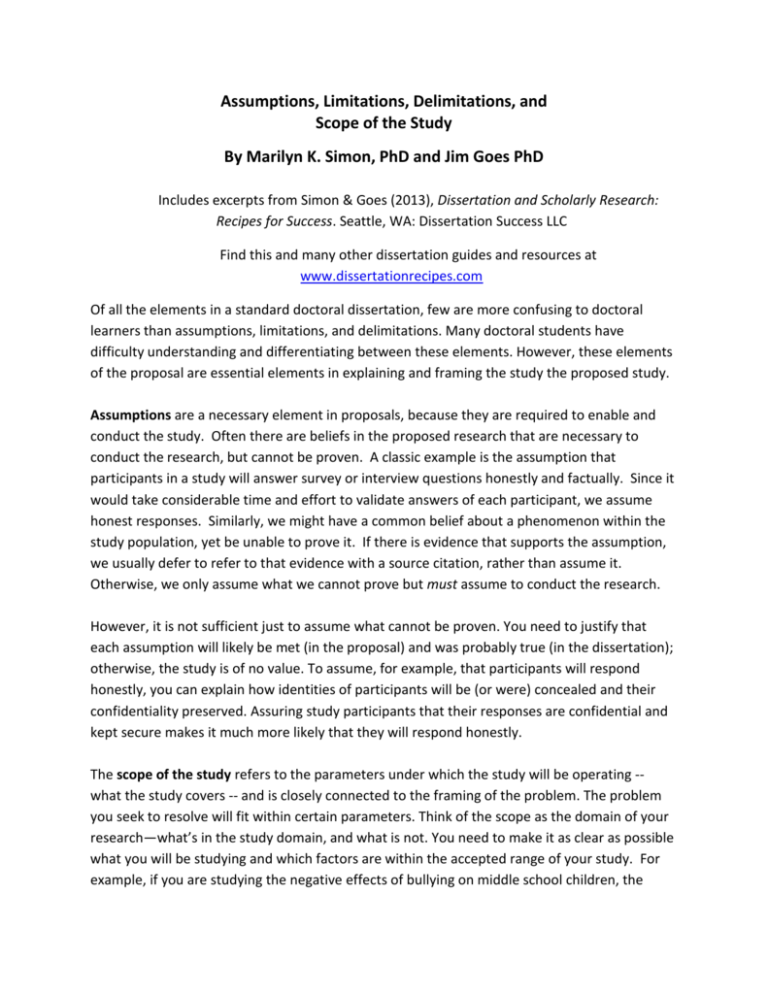 Assumptions Limitations Delimitations And Scope Of The Study By