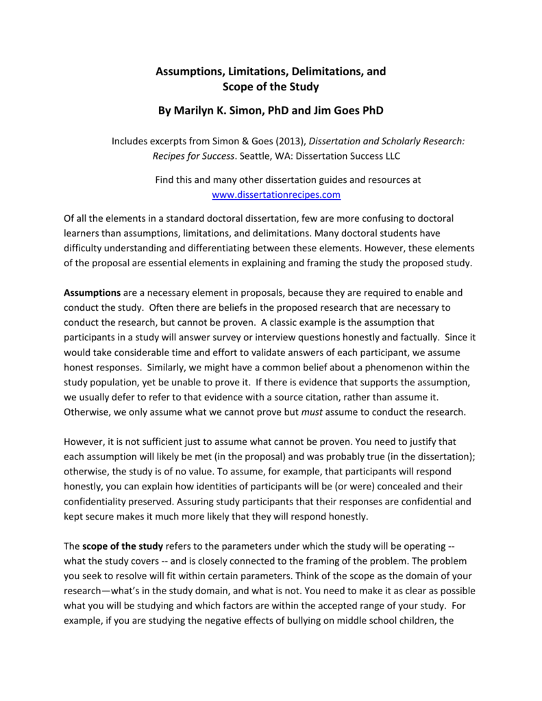 Assumptions Limitations Delimitations And Scope Of The Study By