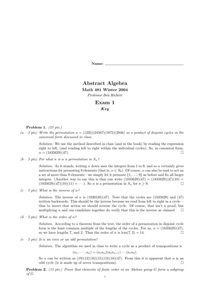 Abstract Algebra Exam 1 Abstract Algebra Exam 1