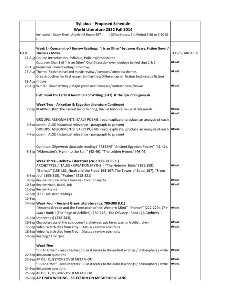 Syllabus Proposed Schedule World Literature 2332 Fall 2014