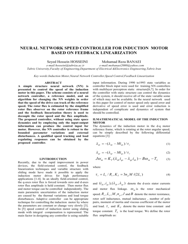 Neural Network Speed Controller For Induction Motor Based On
